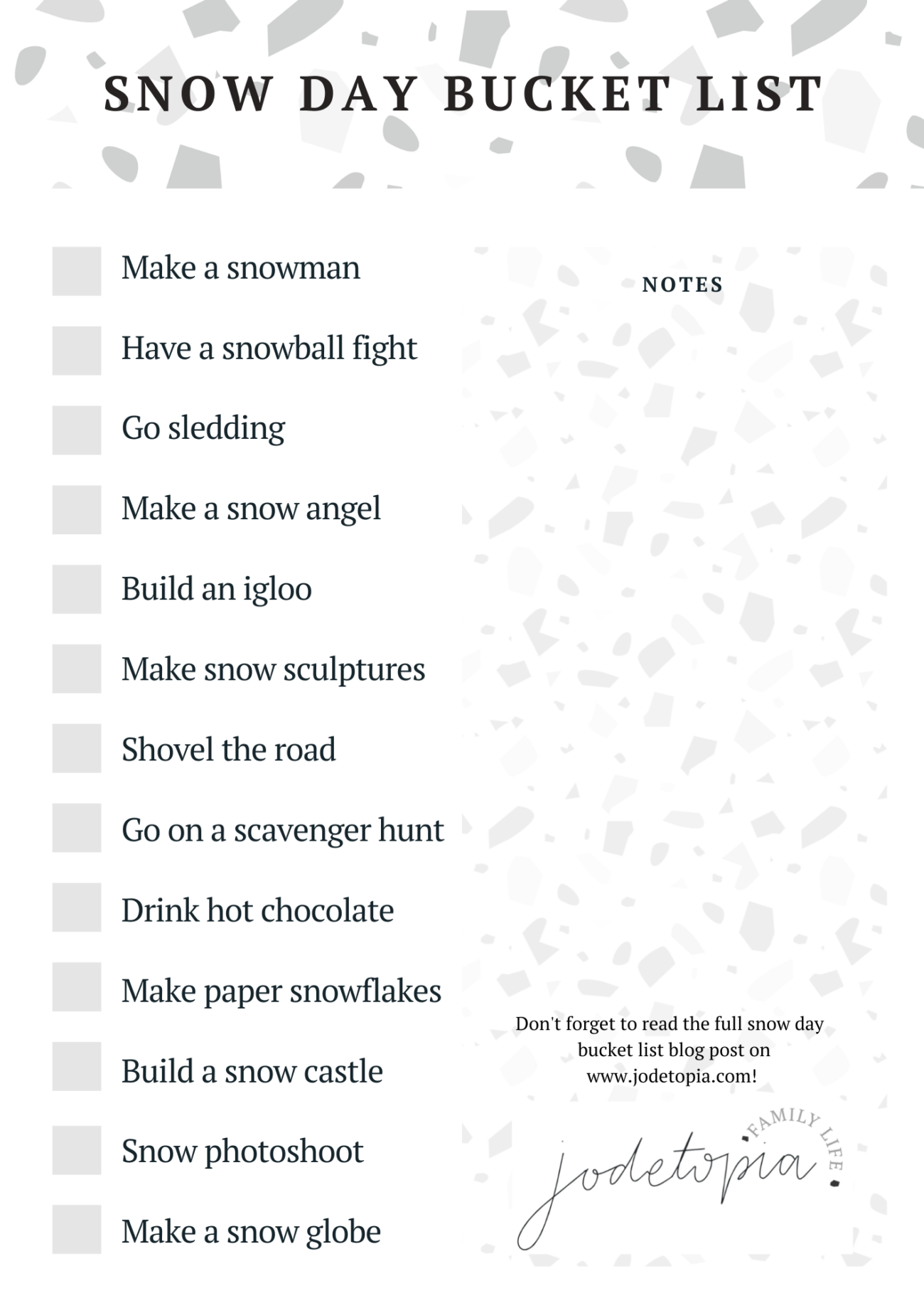 Snow Day Bucket List With FREE Printable!